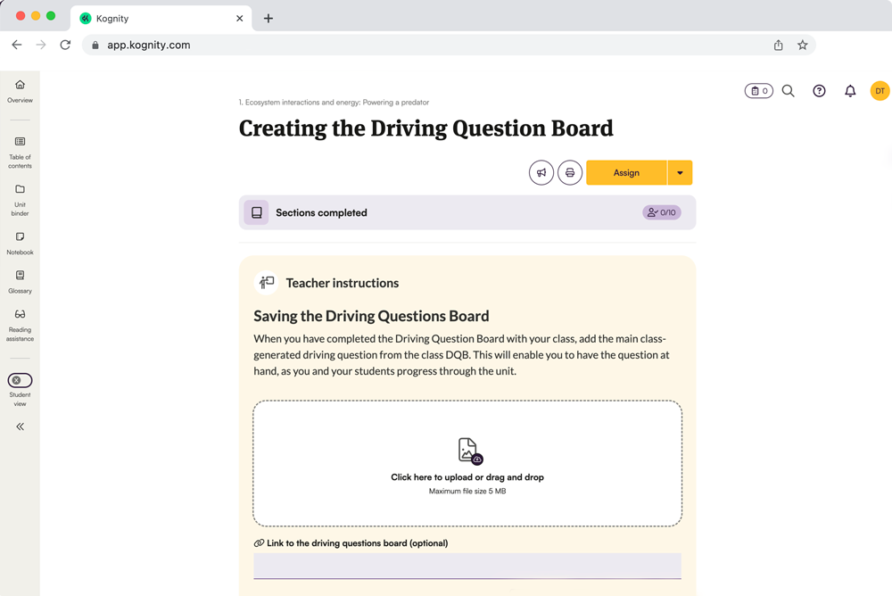 Driving Question Board for 3D High School Science - Kognity